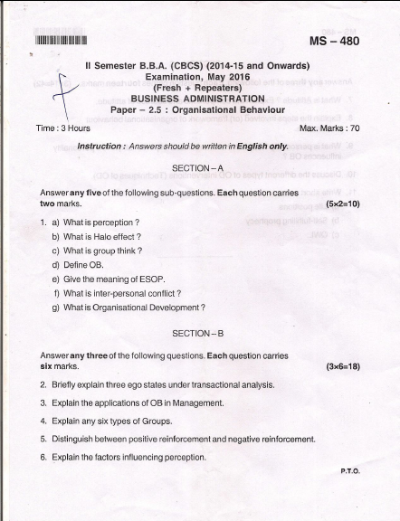 Bangalore University B.B.A. BUSINESS ADMINISTRATION PAPER -2.5 ...