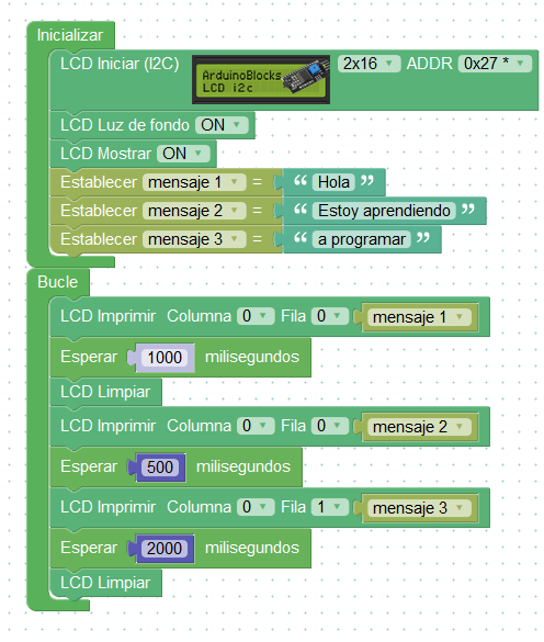Prácticas de Arduinoblocks: P28_LCD. Mostramos mensajes en pantalla LCD