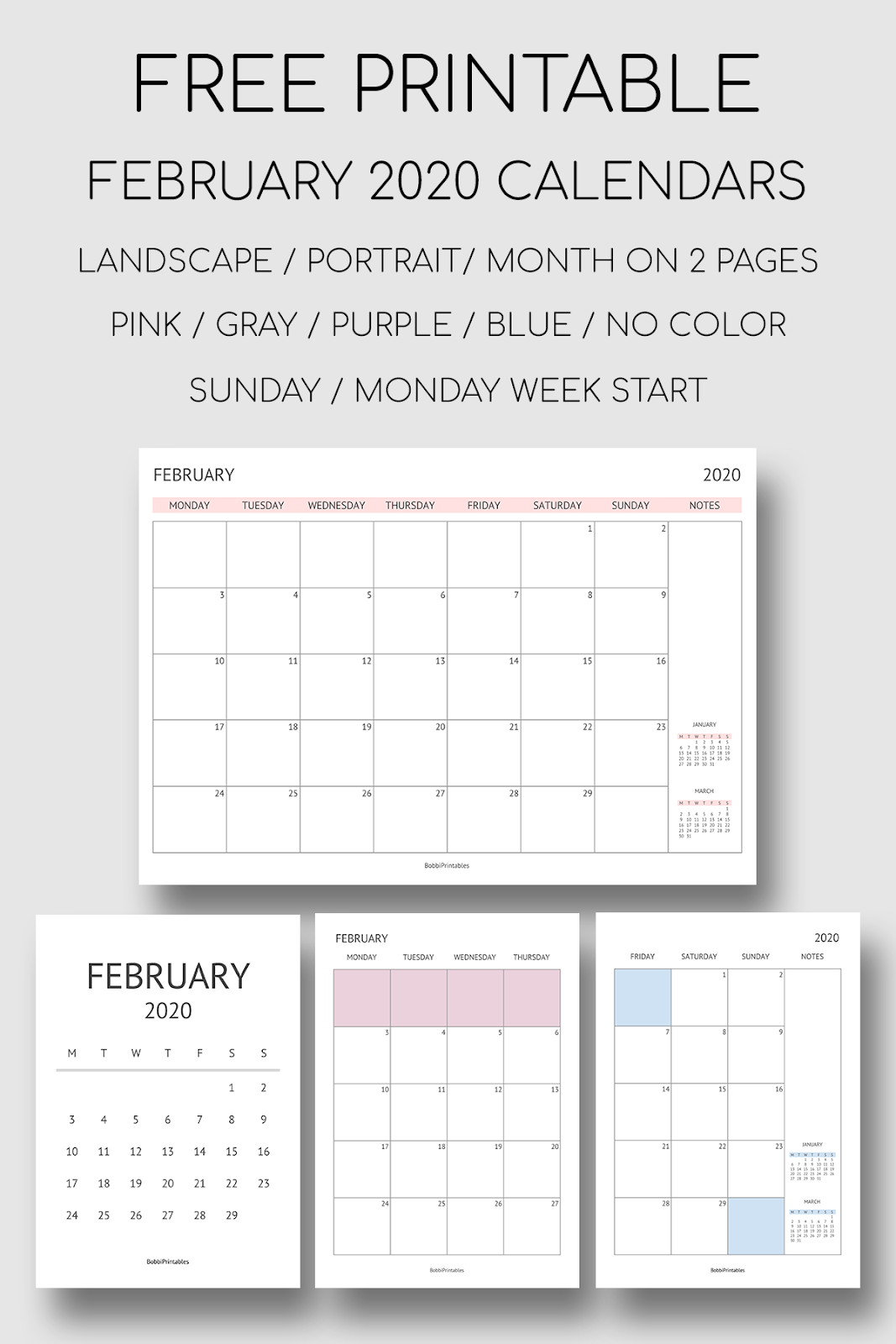 Printable February 2020 Calendars