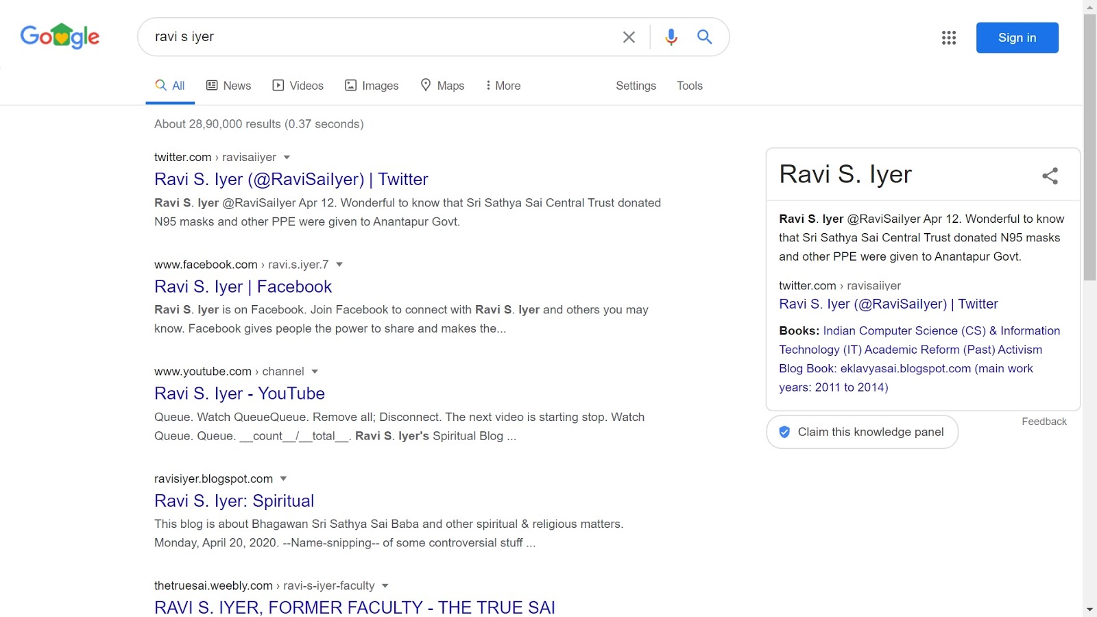 Was surprised to see a small "knowledge panel" on Google against my name - Ravi S. Iyer