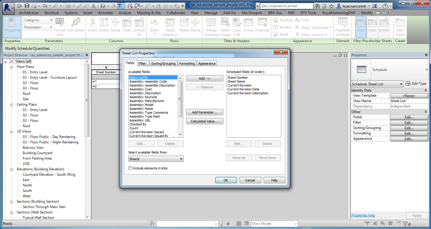 Revit Schedule - Tự học Revit MEP
