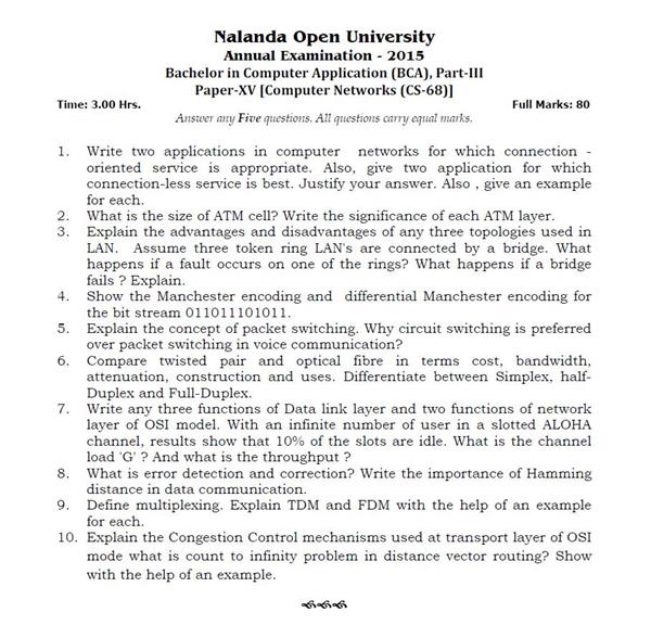 Nalanda Open University BCA CS68 Computer Networks 2015 Question Paper ...