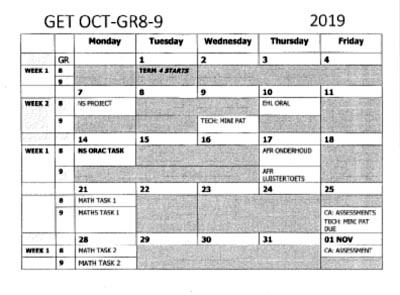 Cape Town High School: CTHS GET and FET Assessments Calendars - Oct '19
