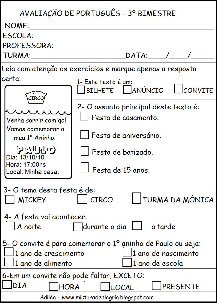 Rosearts- Atividades para imprimir: Avaliação de português - 3º ...