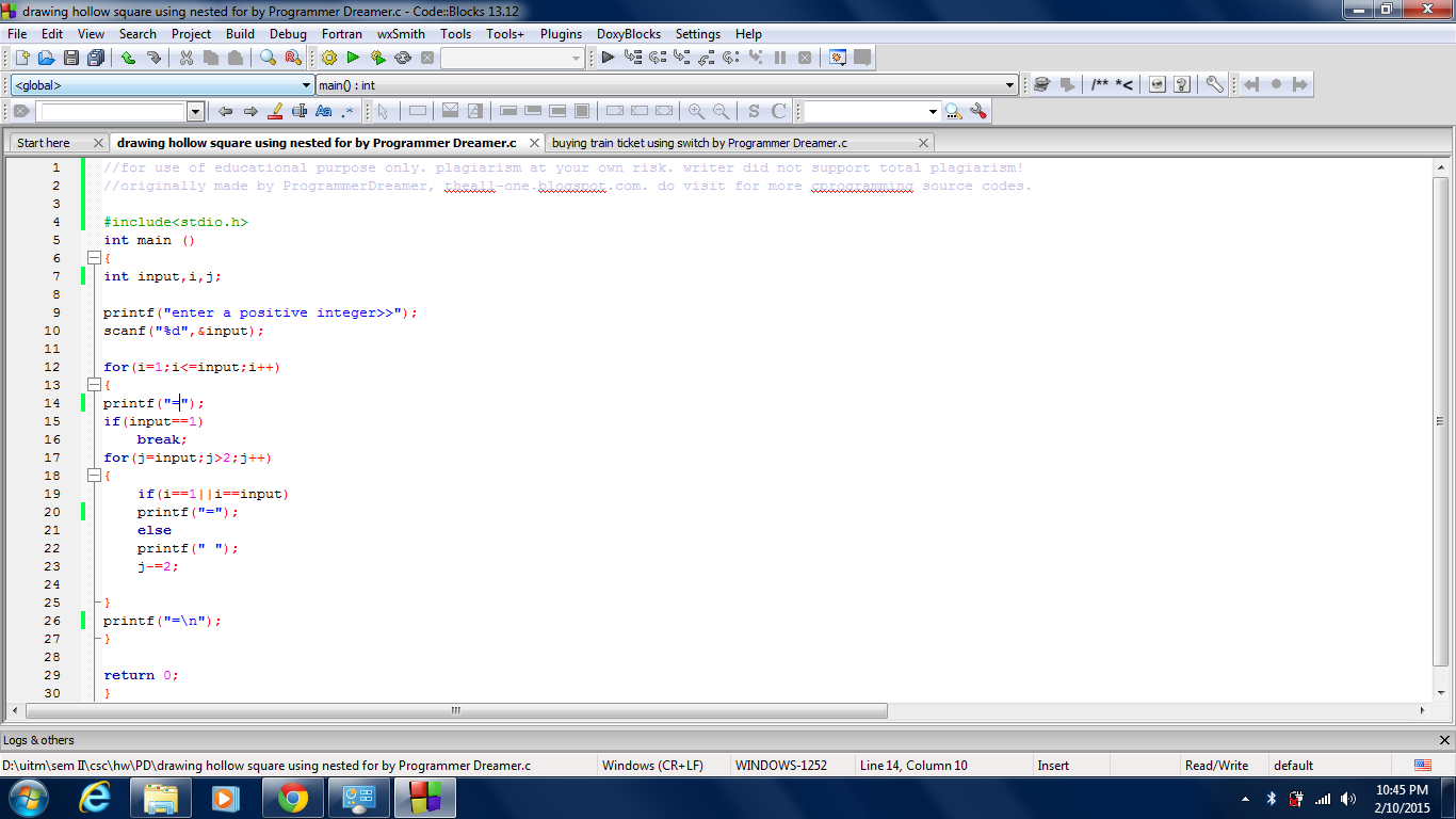 Programmer Dreamer C Programming Source Code Sharing 6 Printing A Hollow Square Using Nested For