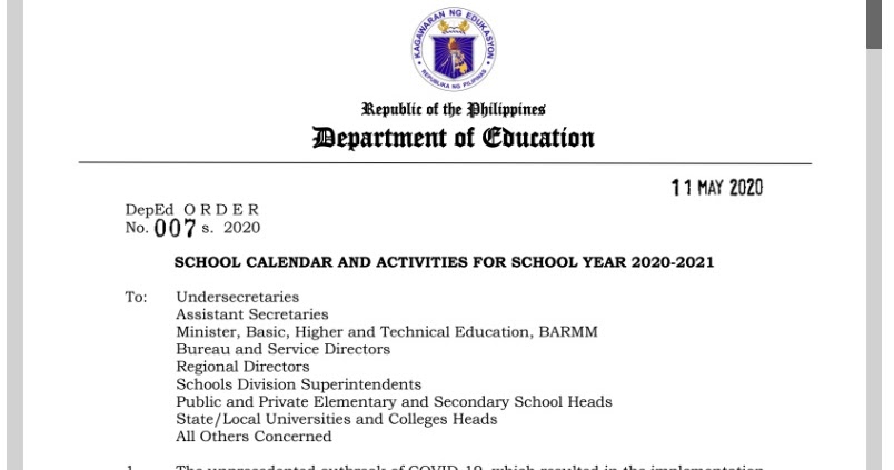 DepEd School Calendar and Activities for SY 2020-2021