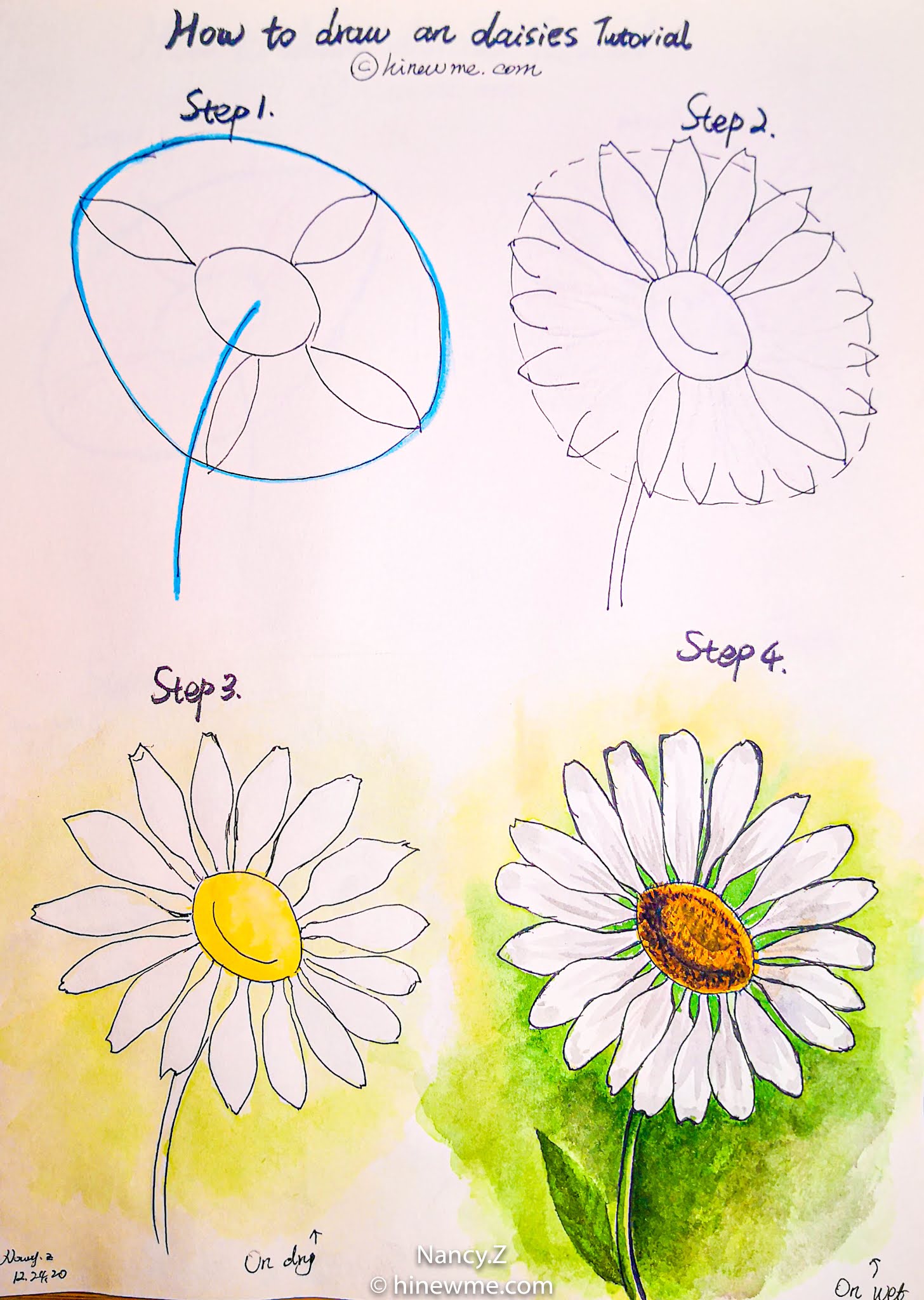 How To Draw A Watercolor Daisy Flower Tutorial Step By Step Easy For Beginner