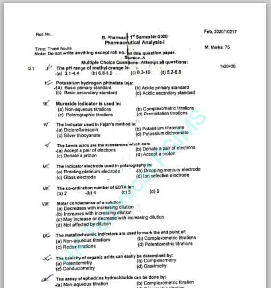 BP102T - Pharmaceutical Analysis-I (Question paper 2019-20) B Pharmacy ...
