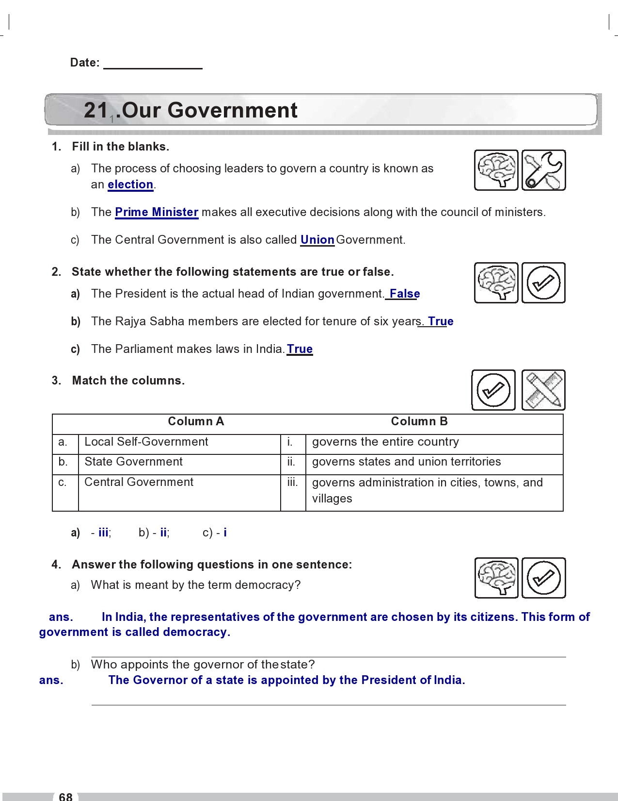 PIS BARODA STD-4: Grade 4 EVS Ch- Our Government Workbook work