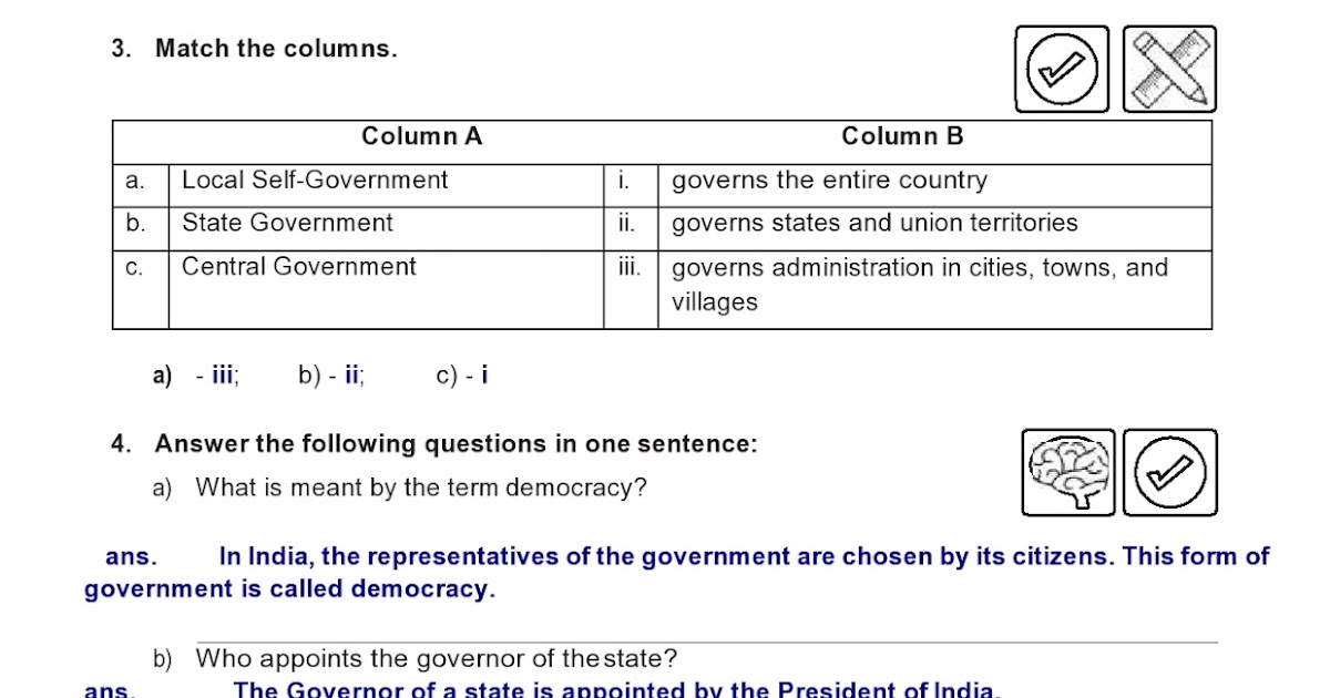 PIS BARODA STD-4: Grade 4 EVS Ch- Our Government Workbook work