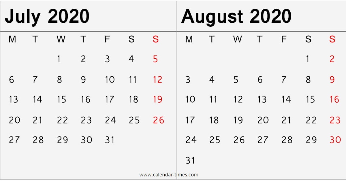 July August 2020 Calendar Print Template
