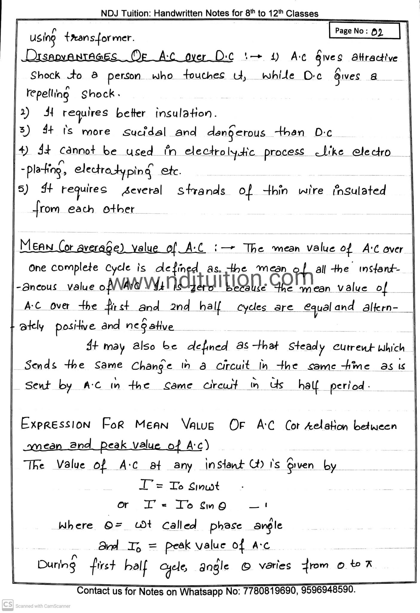 Alternating Current Handwritten Notes for Class 12th Physics