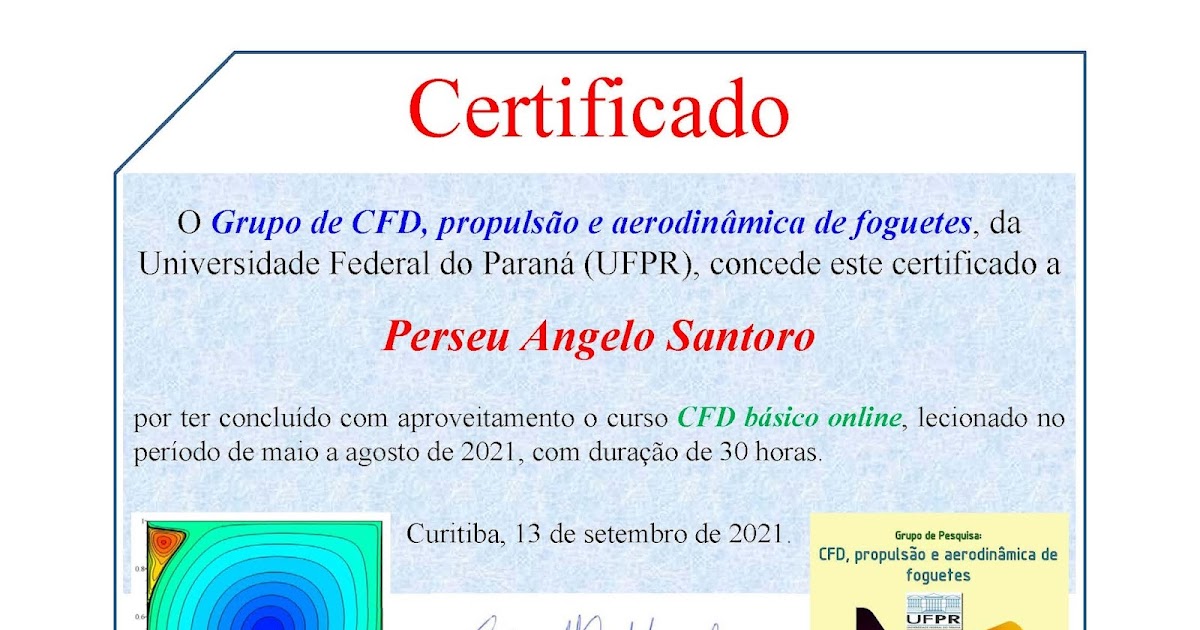 Foguete UFPR: Certificado do primeiro aluno que concluiu o curso CFD básico online