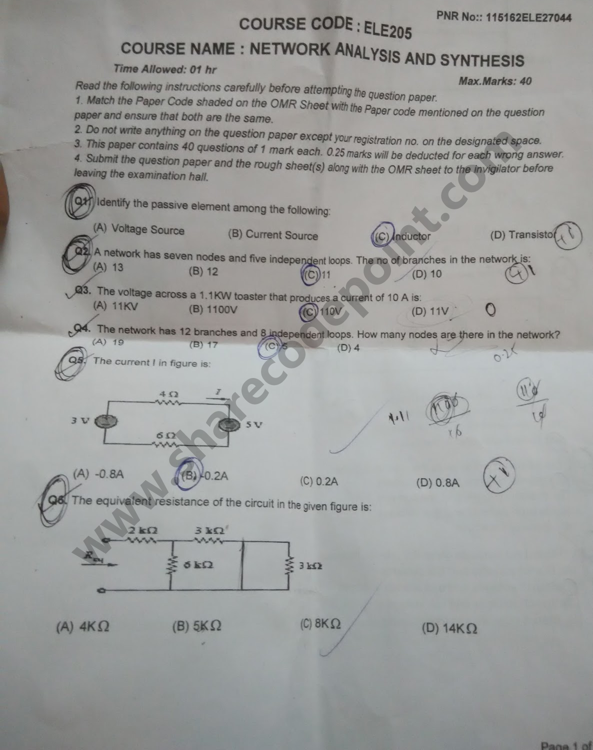 ELE205 : Network Analysis And Synthesis Mid Term Exam Question Paper | lpu