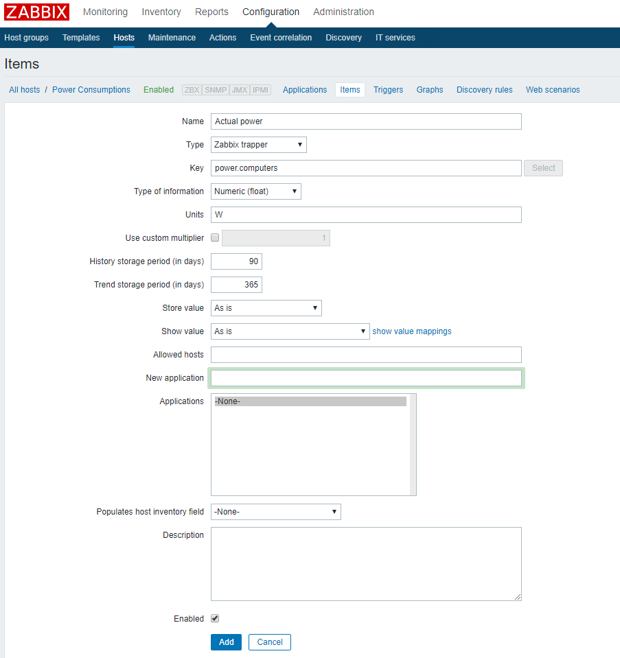 Processing smart socket measurements with Zabbix