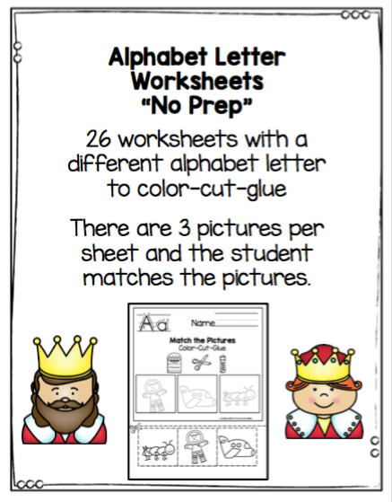 Alphabet Worksheets (Color-Cut-Glue) "No Prep" ~ Preschool Printables