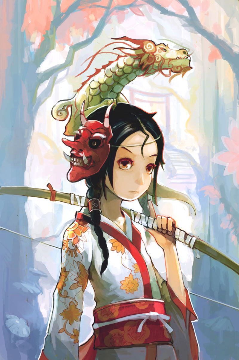 Anime Girls With A Tengu Mask Animoe anime-girls-with-a-tengu-mask-animoe