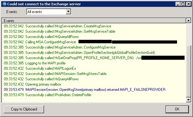 Exchange: MAPI_E_FAILONEPROVIDER - Could not connect to the Exchange server
