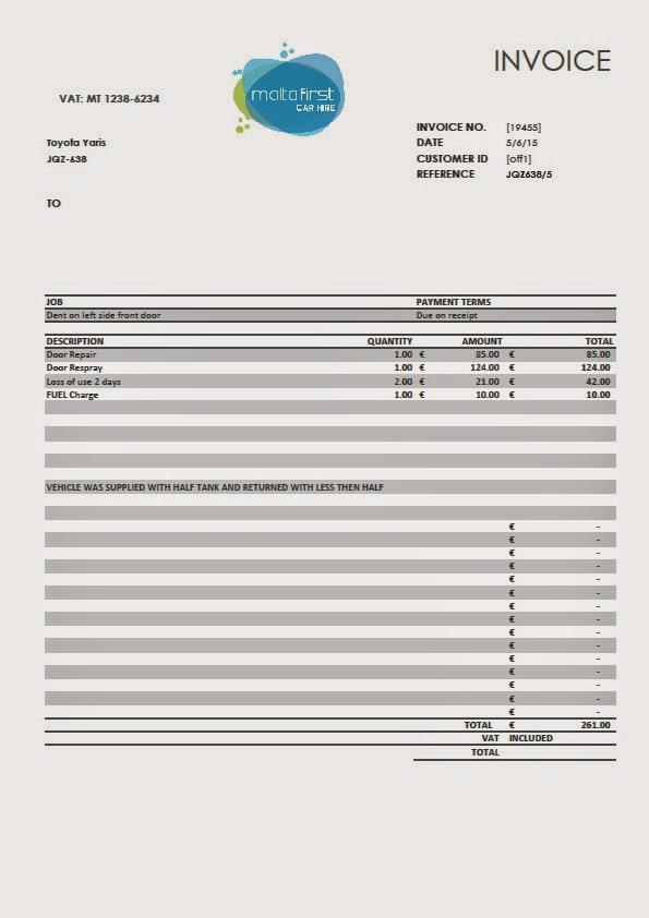 Malta First Car Hire Scam Exposed: Invoice