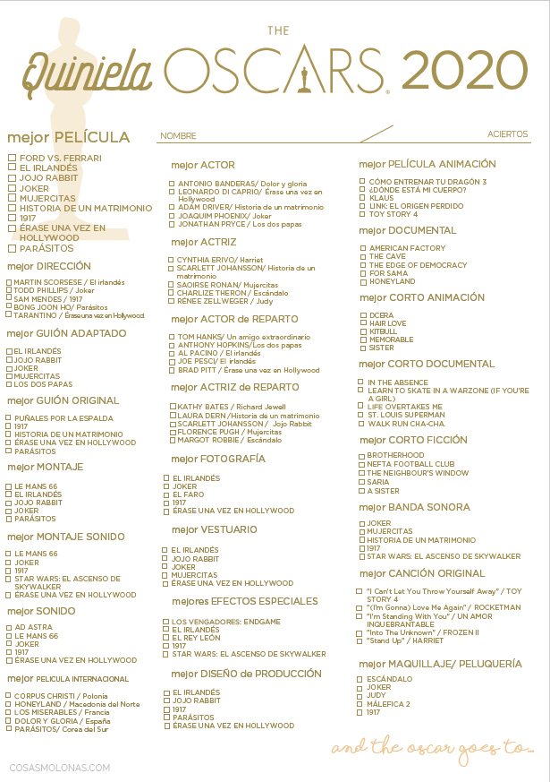 A Naked Life Reservoir: Oscars 2020 (para imprimir)