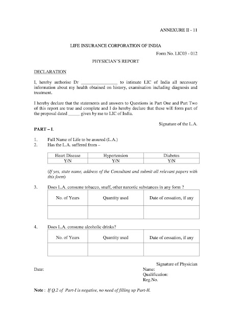 LIC Forms download - LIC Physician Report- Annexure II 11 - Form LIC03-012 - Insurance Agent ...
