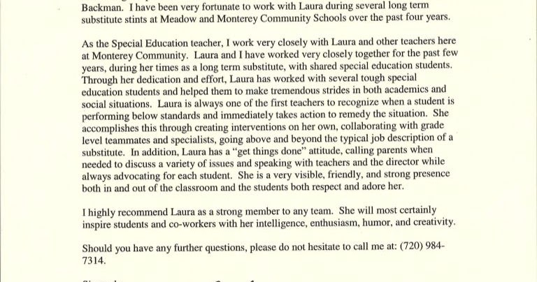 Letter Of Recommendation For A Special Education Teacher ~ Medical Resume