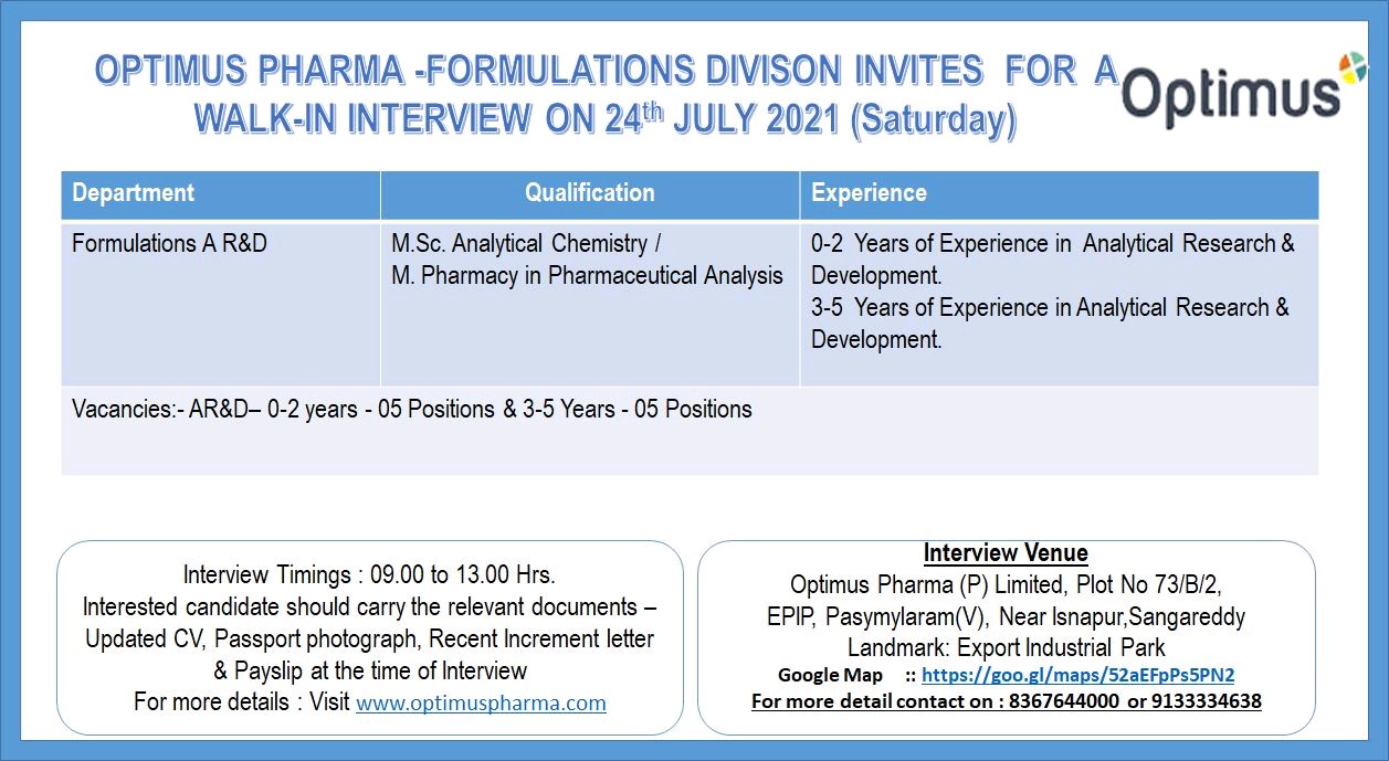 Optimus Pharma : Walk-in-Interview for freshers & Experience in ...