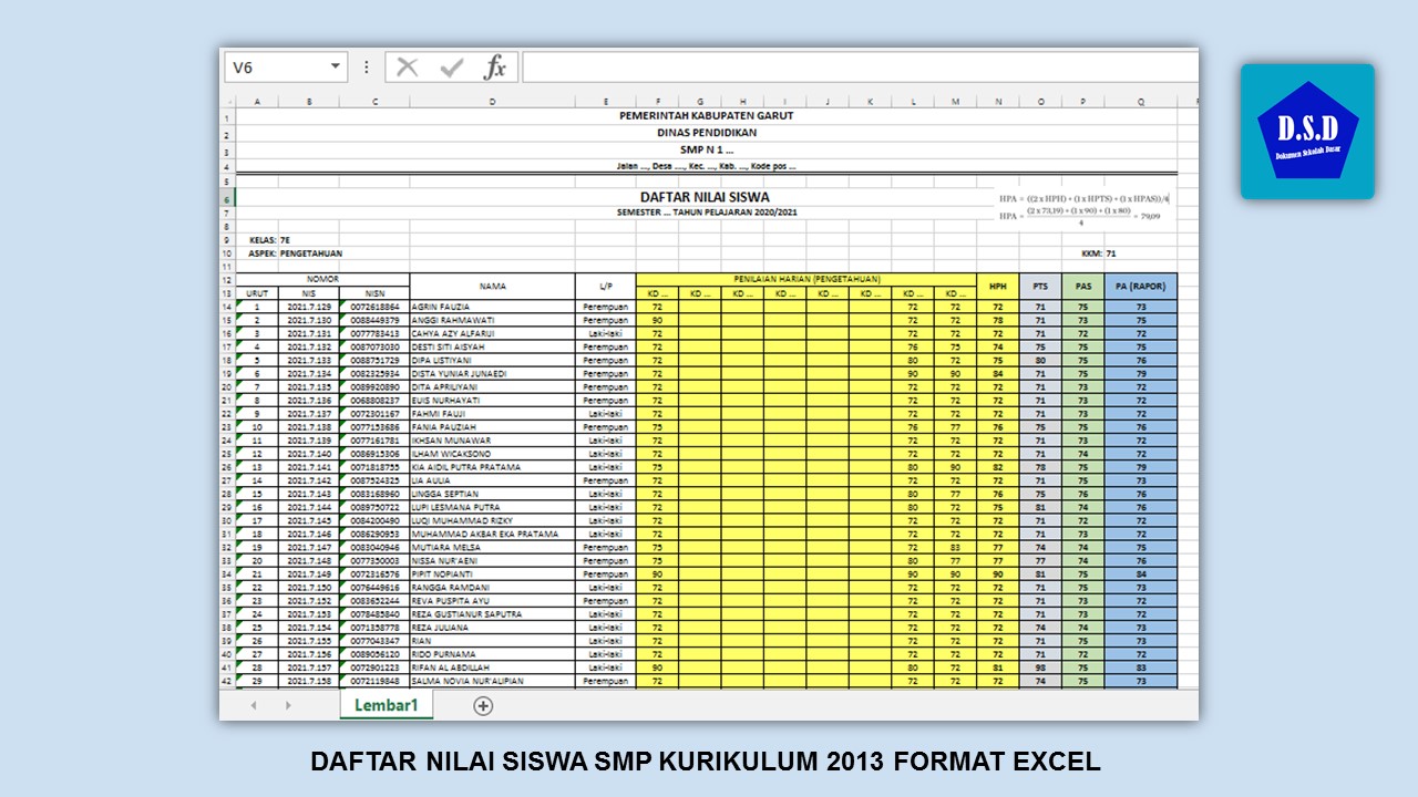 Daftar Nilai Siswa SMP Kurikulum 2013 Format Excel - Dokumen Sekolah Dasar