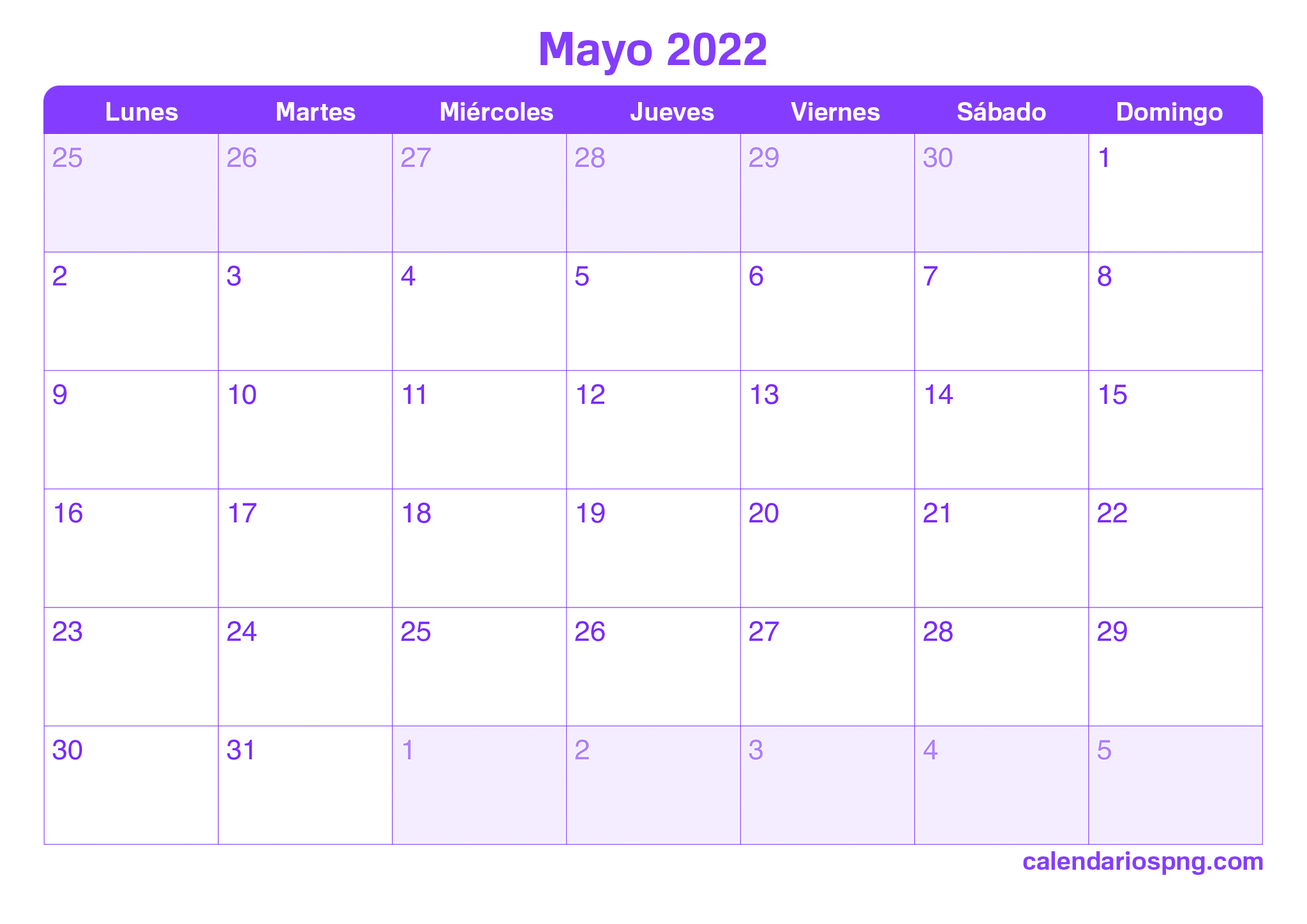 Calendarios de mayo 2022 para imprimir