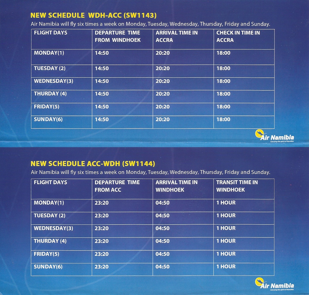 The Timetablist: Air Namibia: Windhoek-Accra Weekly Schedule, Autumn 2011