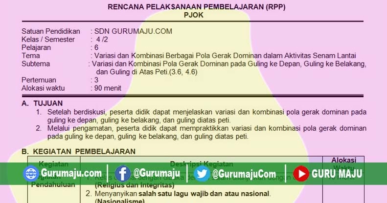 RPP 1 LEMBAR PJOK SD KELAS 4 SEMESTER 2 REVISI 2020 - GURU MAJU