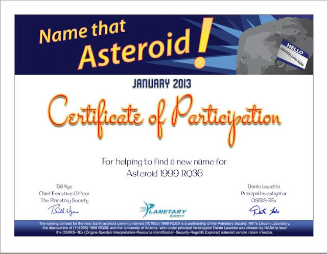 DMR'S ASTRONOMY CLUB: OSIRIS-REx Participation Certificate