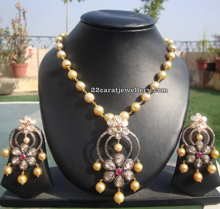 Pearls Long Chain with Floral Pendant - Jewellery Designs