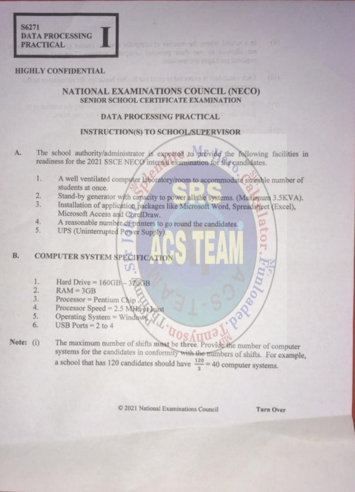 NECO 2021 DATA PROCESSING PRACTICAL