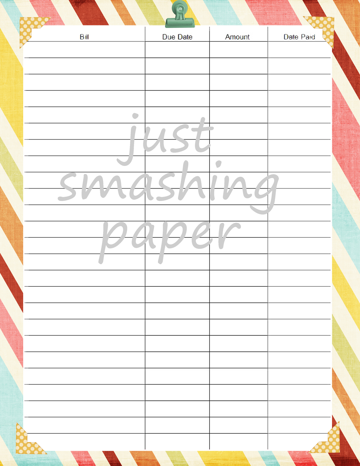 Just Smashing Paper: Bill Organizer Sheet