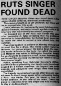 Aural Sculptors - The Stranglers Live: Malcolm Owen of The Ruts Dead at 24