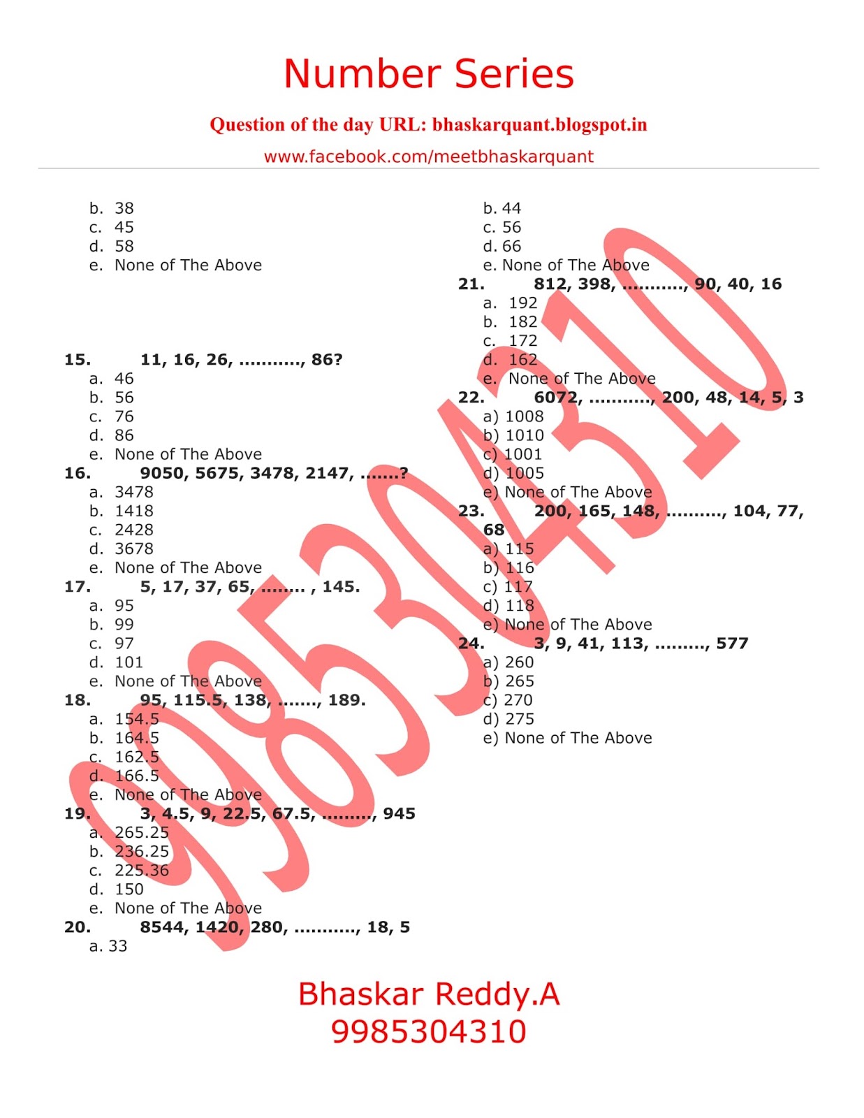 Bhaskar Reddy Ankireddypalli Aptitude Classes: Number Series Sample ...