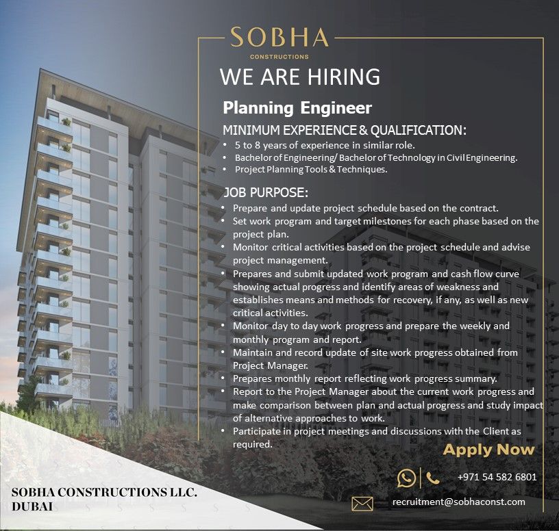 Hiring Planning Engineers @ SOBHA CONSTRUCTIONS - JOB ALERTS HUB Hiring Planning Engineers @ SOBHA CONSTRUCTIONS - JOB ALERTS HUB