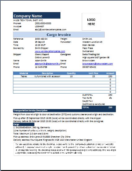 Cargo Receipt Template - Invoice Template