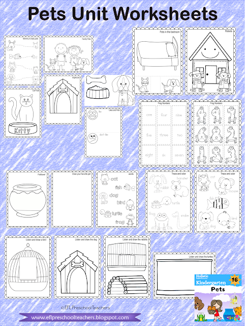 ESL/EFL Preschool Teachers: Pets Unit Worksheets for Kindergarten ELA