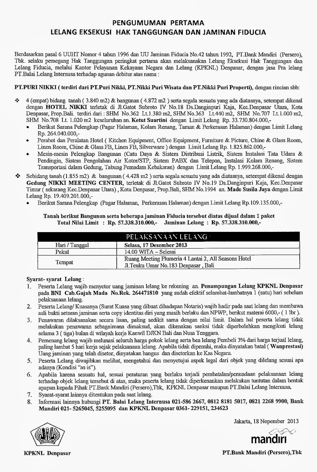 PENJUALAN AGUNAN BANK MANDIRI