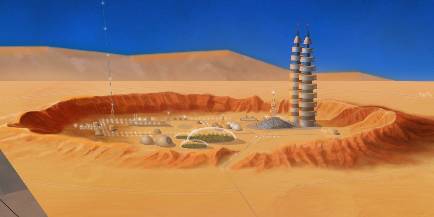 Mars base in a crater by Sam Taylor | human Mars