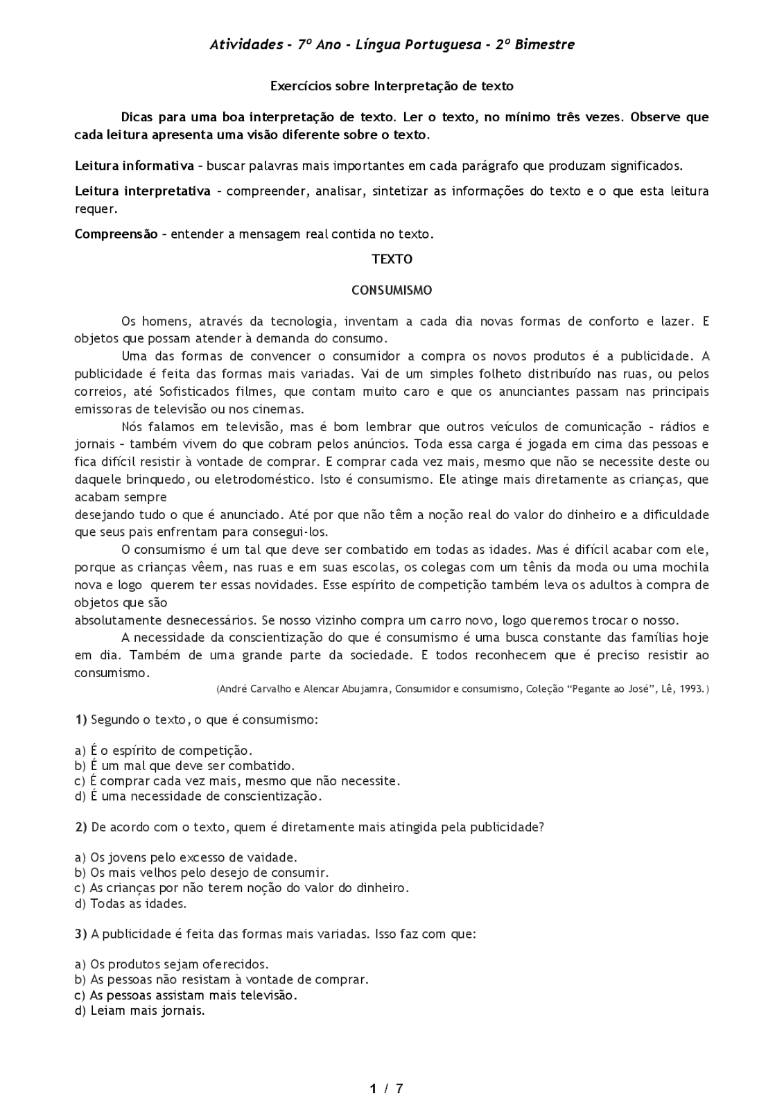 Atividades De Portugues 7 Ano Interpretação De Texto Com Gabarito - NAZAEDU