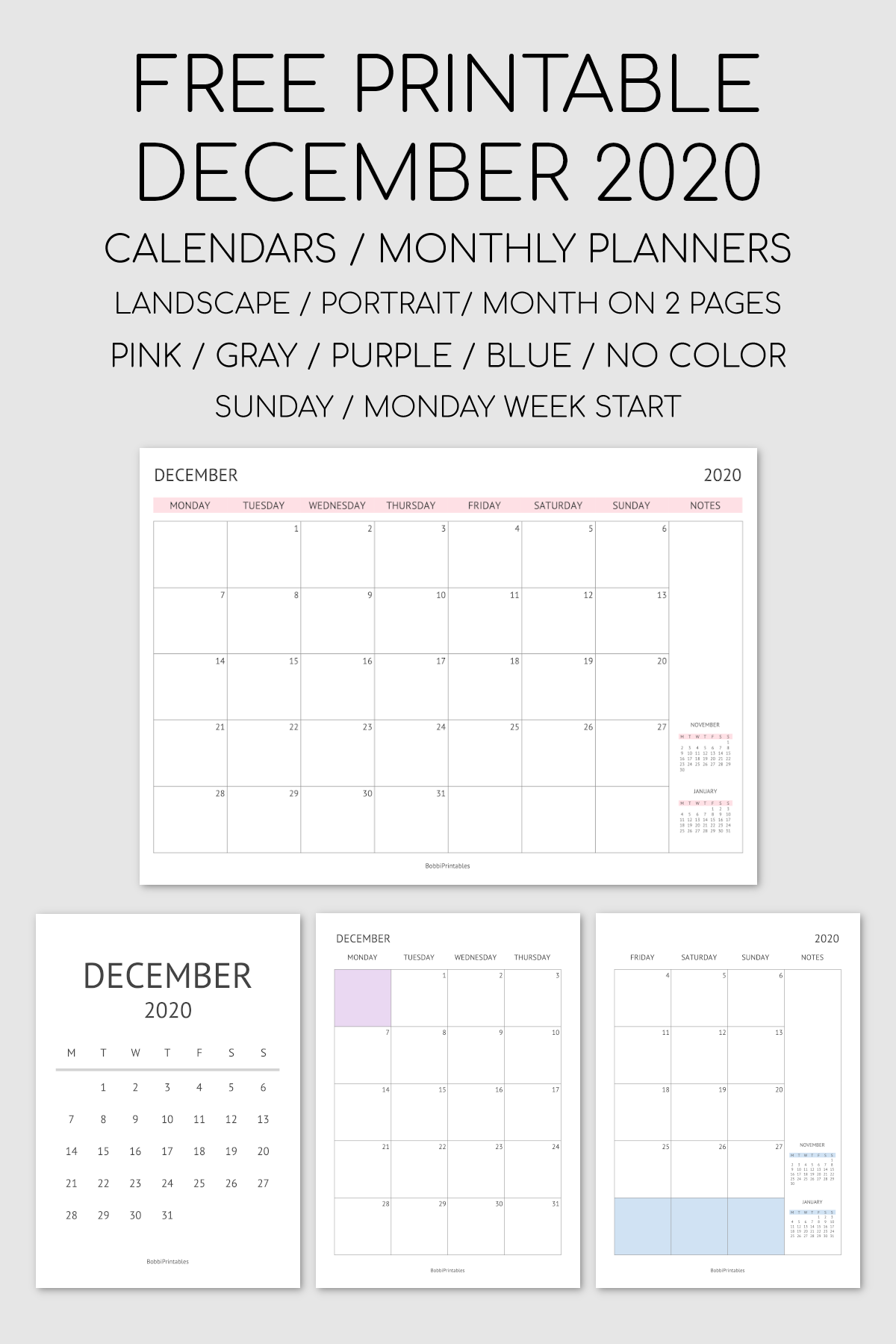 Printable December 2020 Calendars