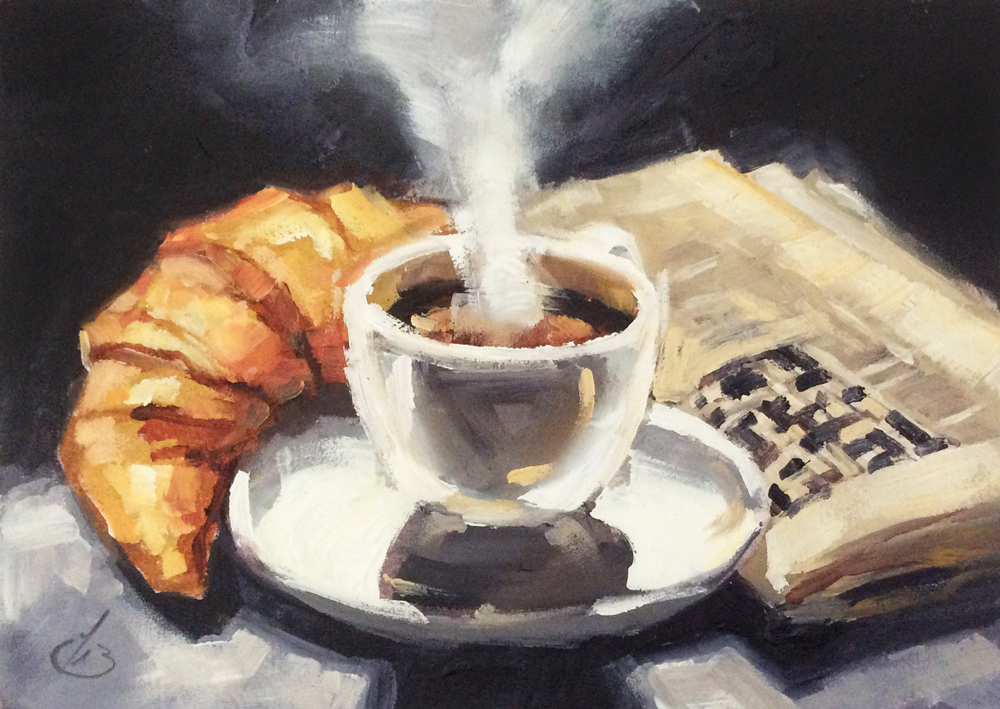 TOM BROWN FINE ART: COFFEE, CROISSANT, CROSSWORD by TOM BROWN
