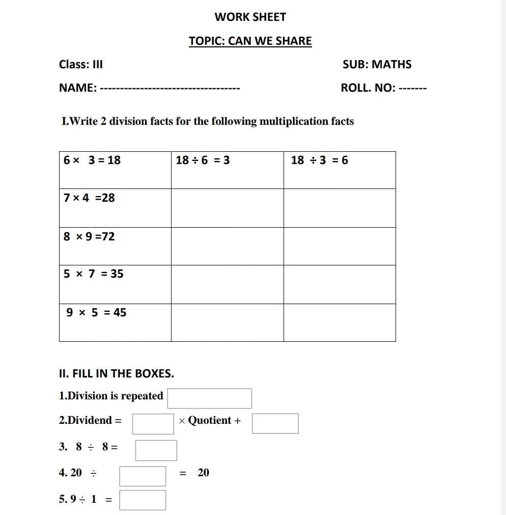KV 3 Maths, Worksheet on Can We Share - FORTUNE ACADEMY
