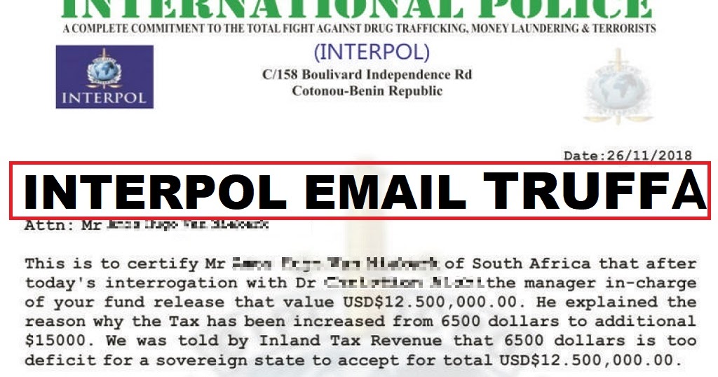 email Interpol caso penale TRUFFA