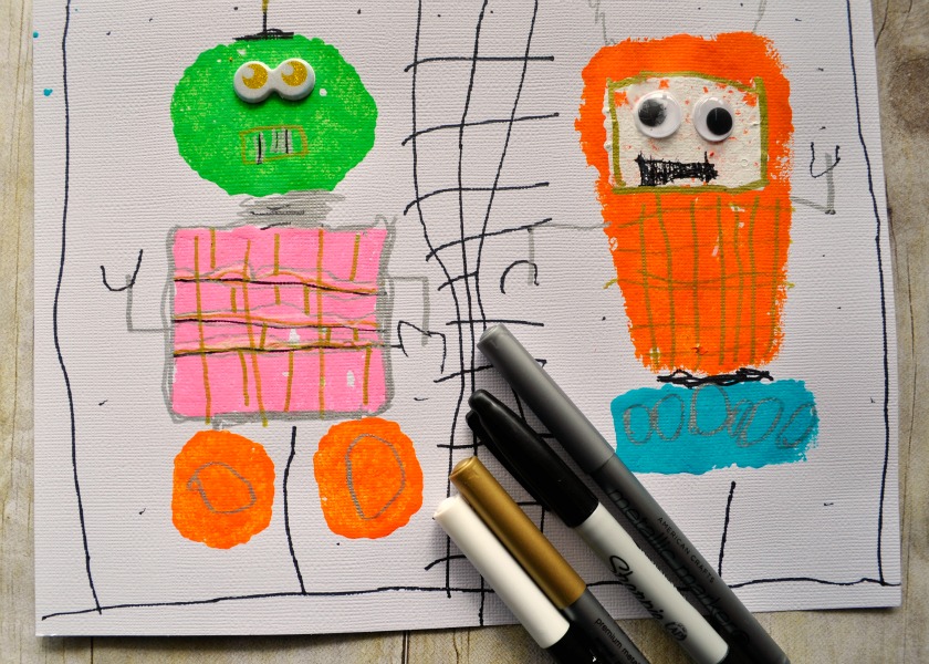 Sponge Painted Shape Robots Craft - I Heart Crafty Things