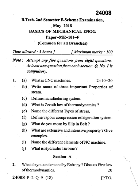 MDU B.Tech 2nd Semester Basics of Mechanical Engg May 2018 Question Paper - University Question ...