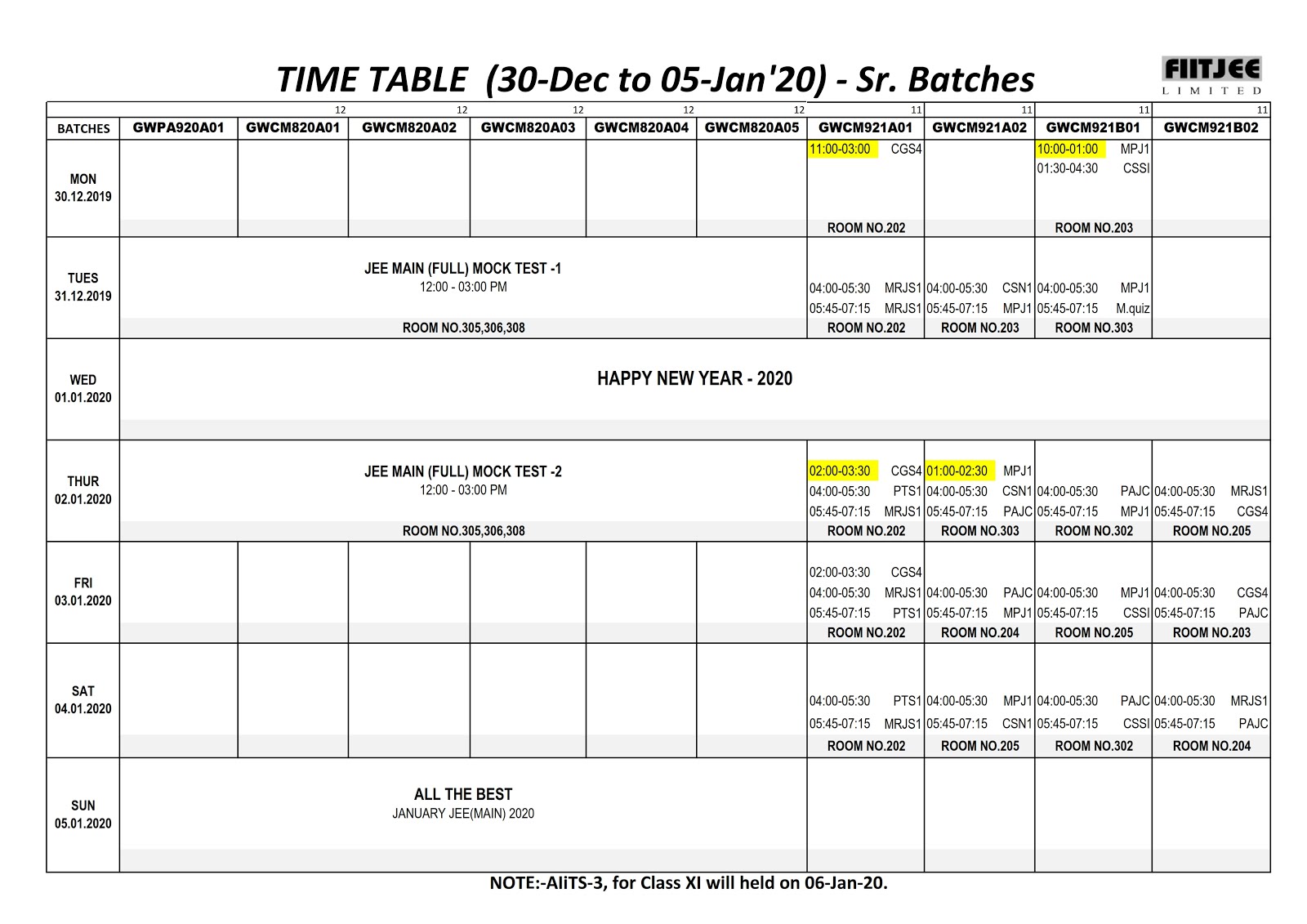 TIME TABLE (30-Dec to 05-Jan'20) ~ FIITJEE Limited - For IIT-JEE